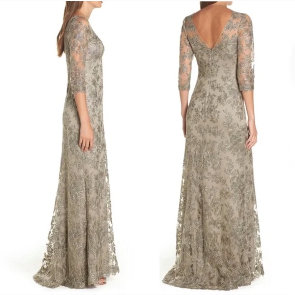Tadashi Shoji | Dresses | Tadashi Shoji Tometi Tan Gold Green Embroidered Tulle Gown Vneck Maxi ...